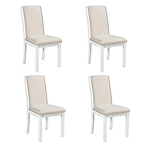 LUMISOL Upholstered Dining Chairs Set of 4, High Back Padded Dining Chairs with Solid Wood Legs, Modern Linen Fabric Kitchen Chairs (White + Beige)