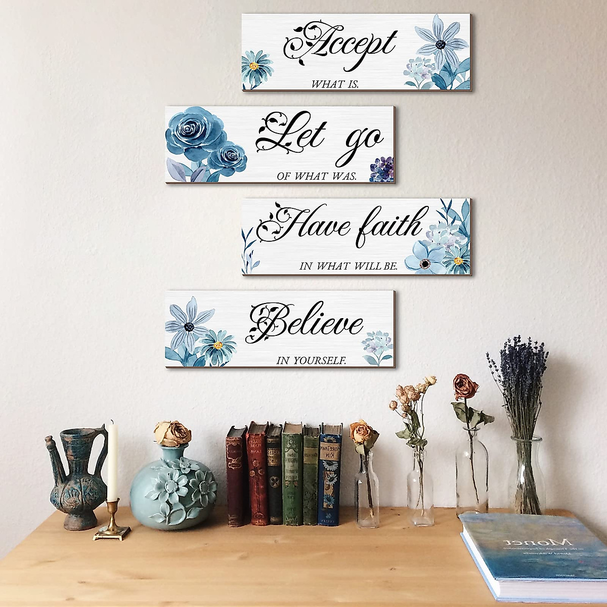 Joyhawk 4 Pieces Blue Flower Wall Decor For Bedroom, Accept-Let go-Have faith-Believe Wooden Inspirational Wall Art Decorations for Living Room Bathroom,Rustic Wooden Farmhouse Home Decor, 12 x 4 Inch