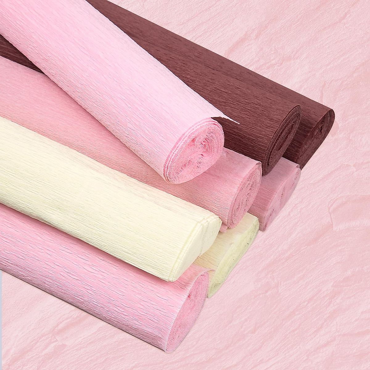 8 Rolls Crepe Paper Rolls, 10 x 98Inch 4 Colors Wide Crepe Paper Sheets with Floral Stem Wire and Green Floral Tapes for DIY Gift Wrapping Paper Crafts (Pink & Brown）