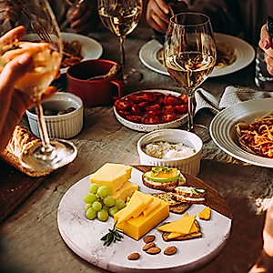 Flexzion Round Marble Cheese Board - 11 Inch White Marble and Wood Cheese Board for Charcuterie, Cheese, Cutting, Pastry, Trivet - Non-Stick and Heat Resistant Marble Board