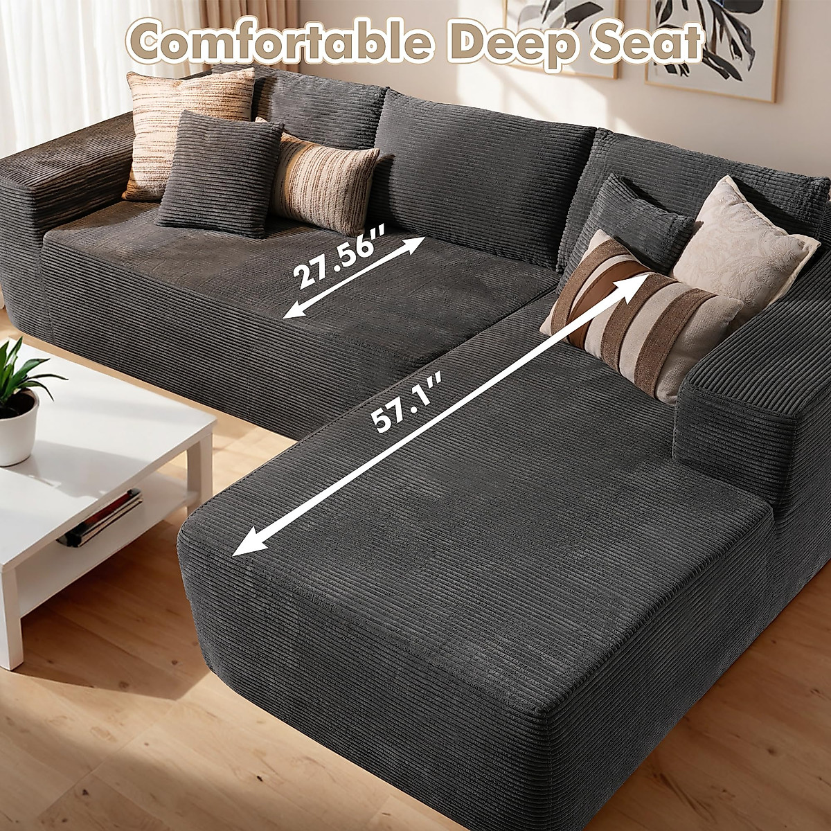 106" Cloud Sectional Couch with Chaise Longue,L Shaped Modular Modern Sofa,Comfy Corduroy Fluffy Couch with Deep Seat,No Assembly Required Couch for Living Room(Right,Stripe Corduroy,Gray)