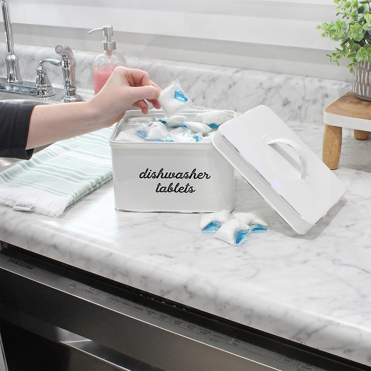 AuldHome Dishwasher Pod Holder, Tablet Container; White Enamelware Rustic Kitchen Storage Tin with Lid