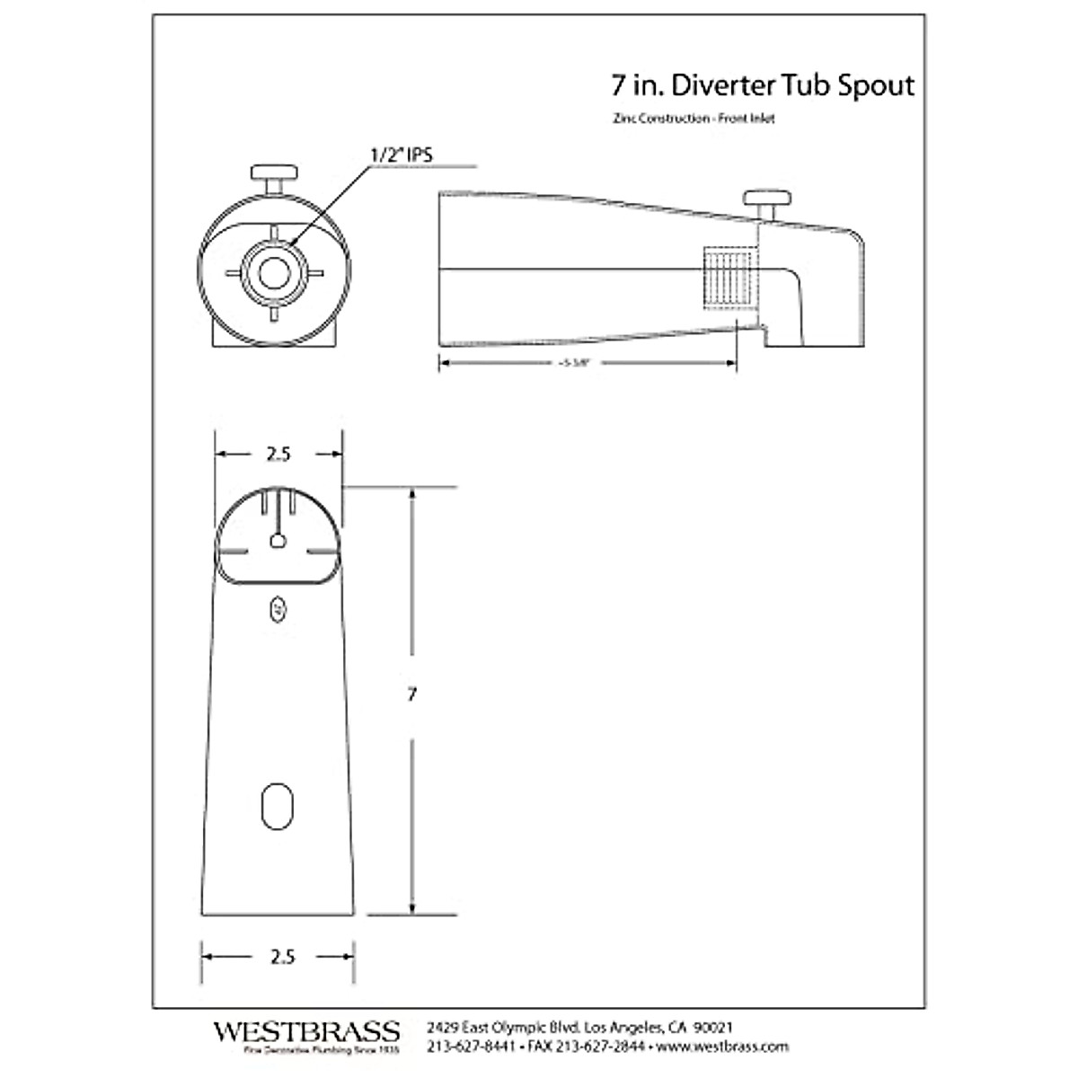 Westbrass A507D-1F-26 7" Reach Wall Mount Tub Spout with Diverter, Polished Chrome