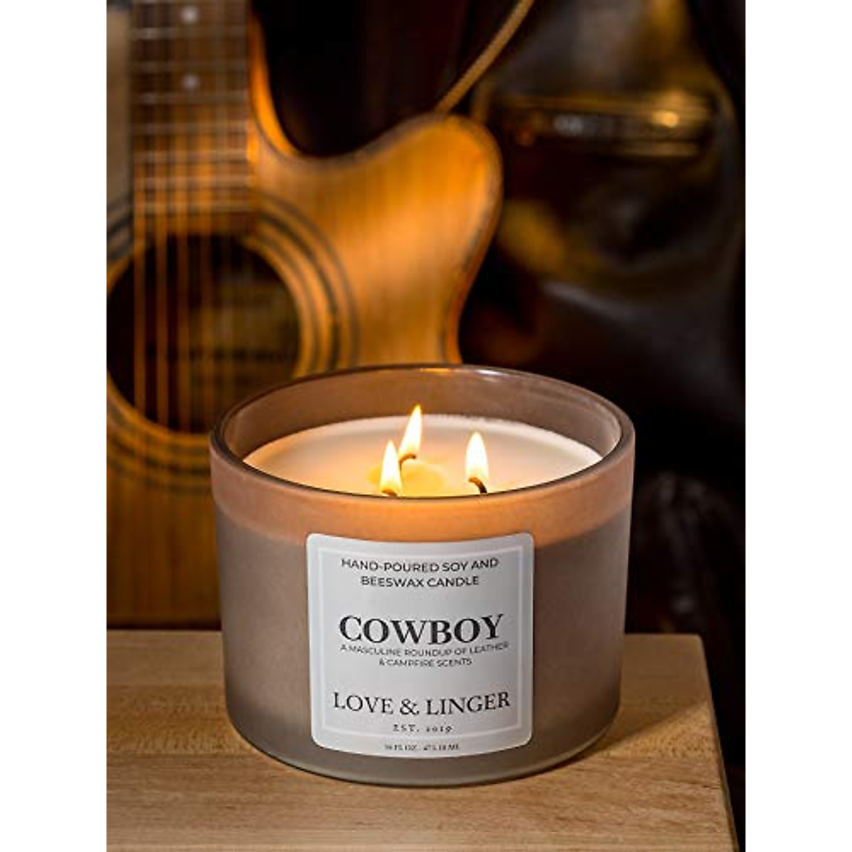 Leather Scented Candles | Campfire Scented Candles | Luxury Soy & Beeswax Candles for Home | 16 oz. Large Jar 3 Wick Candle | Masculine Candle | Manly Candles For Home | Scented Candles for Men