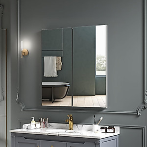 Quavikey Aluminum Medicine Cabinet with 2 Doors Recessed or Surface Mount Bathroom Mirror Cabinets 24x26 Inch, Silver