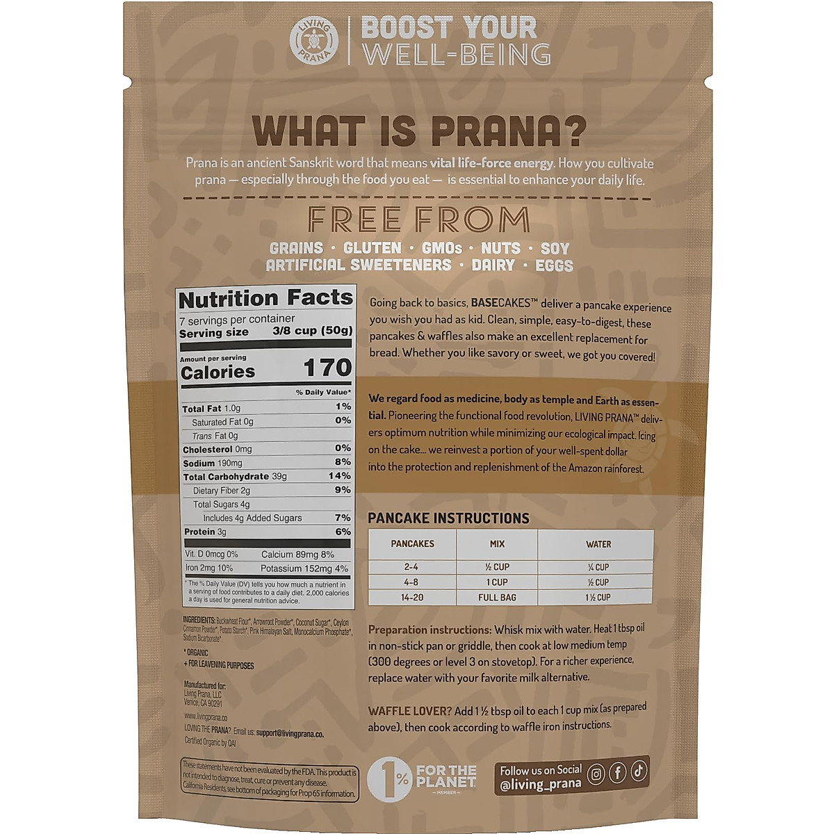 Living Prana BaseCakes Gluten-free Buckwheat Organic Pancake & Waffle Mix Plant Based Just-Add-Water (12oz)