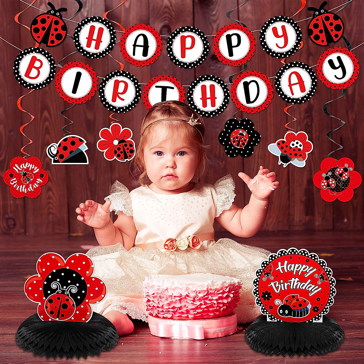 Ladybug Fancy Party Decoration Kit - Cute Birthday Banner, Honeycomb Centerpiece, Hanging Swirls for Girls Birthday Baby Shower Party Supplies
