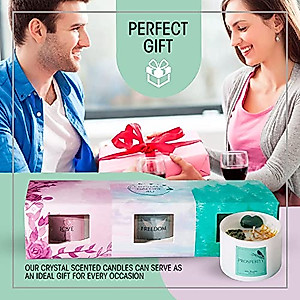 Crystals Galore 4U Healing Crystal Candles - Organic Candles with Pink Rose Quartz, Opal, & Green Aventurine Rose Scent, Lavender Vanilla Scent, Silver Mountain Scent Gift Set 20hrs Burning Time