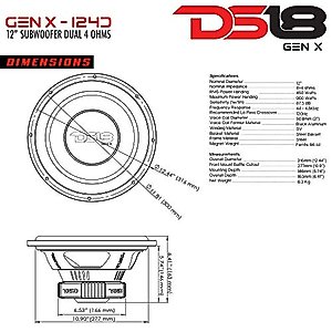 DS18 12" Subwoofer Combo Package with GEN-X124D Subwoofer and CANDY-X1B Monoblock Amplifier