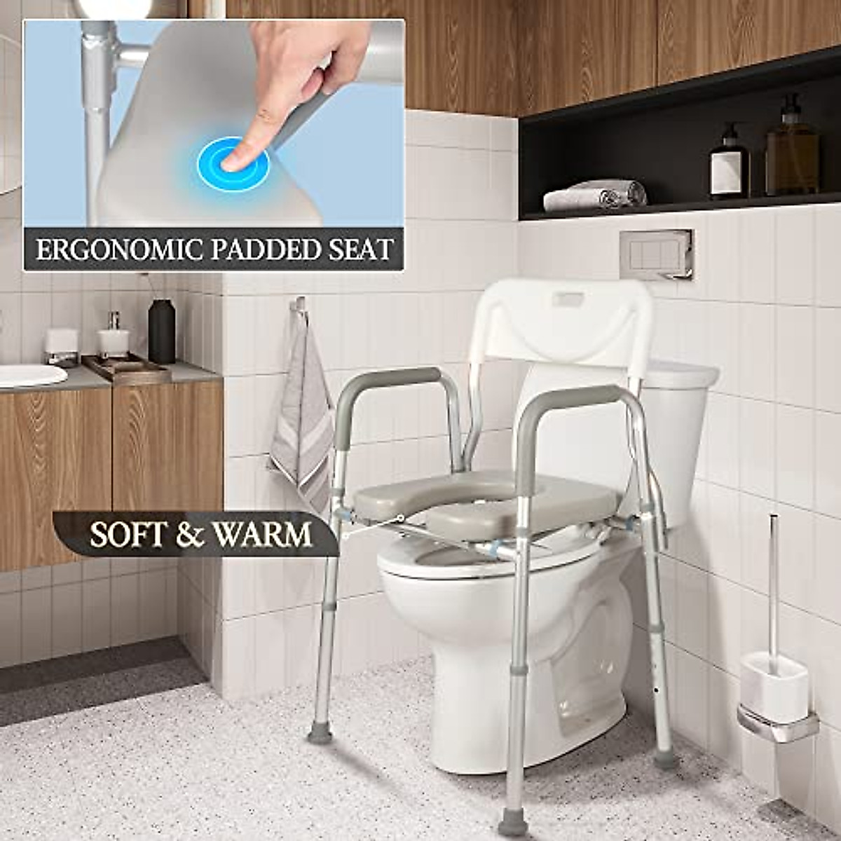 4-in-1 Raised Toilet Seat with Handles and Backrest, Bedside Commode Chair with 5L Collapsible Bucket, 330lbs Stand Alone Raised Toilet Seat, Toilet Safety Frame for Elderly, Pregnant, Disabled