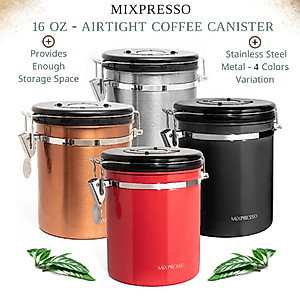 Mixpresso 16 Oz Coffee Canister Red, Stainless Steel Airtight Coffee Container, Ground Coffee Bean Storage with Date Tracker, Vacuum Sealed Espresso Airtight Container, Coffee Jar, Sugar Container