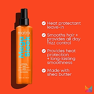 Matrix Mega Sleek Iron Smoother Defrizzing Leave-In Spray - Heat Protectant, Lasting Smoothness, & Anti-Frizz, For All Hair Types, With Shea Butter, 8.5 Fl Oz