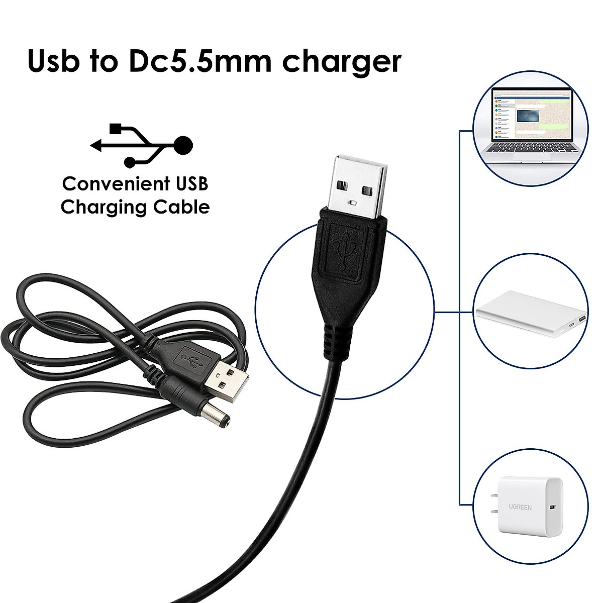 Onite 2pcs USB to DC 5.5x2.1mm Power Cable, 20AWG 3.3ft Barrel Jack Center Pin Positive Charger Cord for Led and Peripheral Products