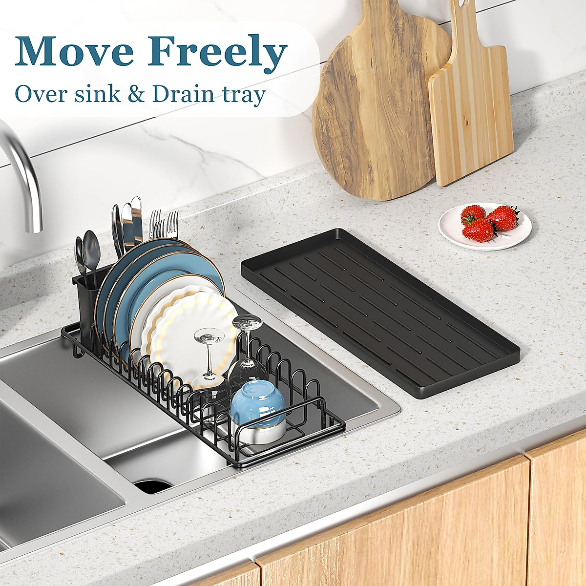 XYZLVSI Small Dish Drying Rack, Compact Dish Rack Sink Drying Rack with Silicone Mat, Dish Drainer Dish Organizer for Kitchen Counter & Over Sink, Stainless Steel, Black