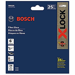 BOSCH FBX624 25-Pack 6 In. X-LOCK Coarse Grit Abrasive Fiber Discs 24 Grit Compatible with 7/8 In. Arbor for Applications in Metal Surface Finishing, Weld Blending, Rust Removal