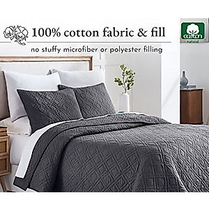 California Design Den Soft 100% Cotton Hand-Quilted Twin/Twin-XL Quilt with Sham, Pure Cotton Fabric & Fill, Charcoal Grey Twin Quilt, Pre-Softened, Diamond Pattern (Charcoal Grey)
