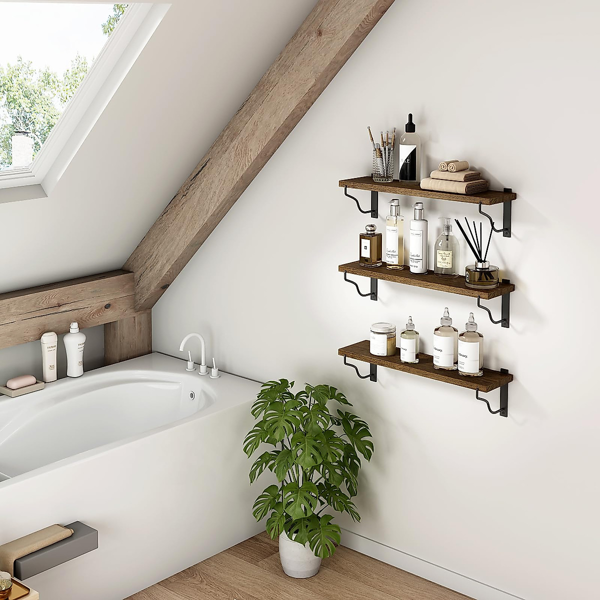 Inforth Wall Shelves, Wood Wall Mounted Shelves for Wall Storage, Floating Shelves for Wall Display with Metal Bracket, Hanging Shelves for Bedroom Kitchen Living Room (Brown, 17 Inches)