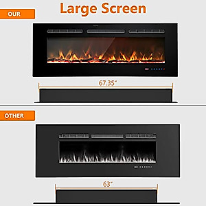 Kentsky 72 inches Electric Fireplace Inserts, Recessed and Wall Mounted Fireplace Heater, Large Screen w/Thermostat, Remote & Touch Screen, Multicolor Flame, Timer, Logs & Crystal, 750W/1500W