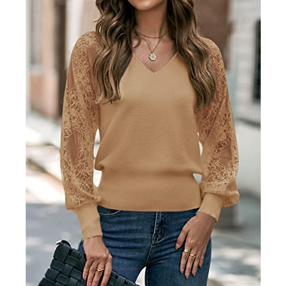 MEROKEETY Women's V Neck Lace Long Sleeve Ribbed Knit Sweater Solid Color Pullover Tops