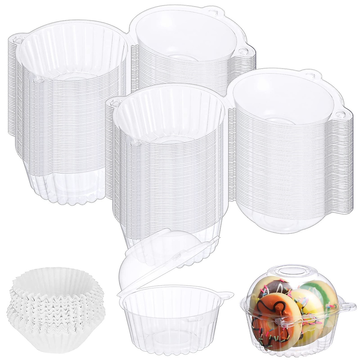Amyhill 200 Set Cupcake Holders with Dome Lid Individual Cupcake Liners, Clear Plastic Cupcake Containers Disposable Grease Proof Baking Cups Paper Cupcake Wrappers for Muffin Cake Boxes (Cat Style)