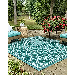 Unique Loom Outdoor Trellis Collection Area Rug Geometric Diamonds Flatweave Design, Tribal Inspired for Indoor/Outdoor Décor (7' 10 x 7' 10 Square, Teal)