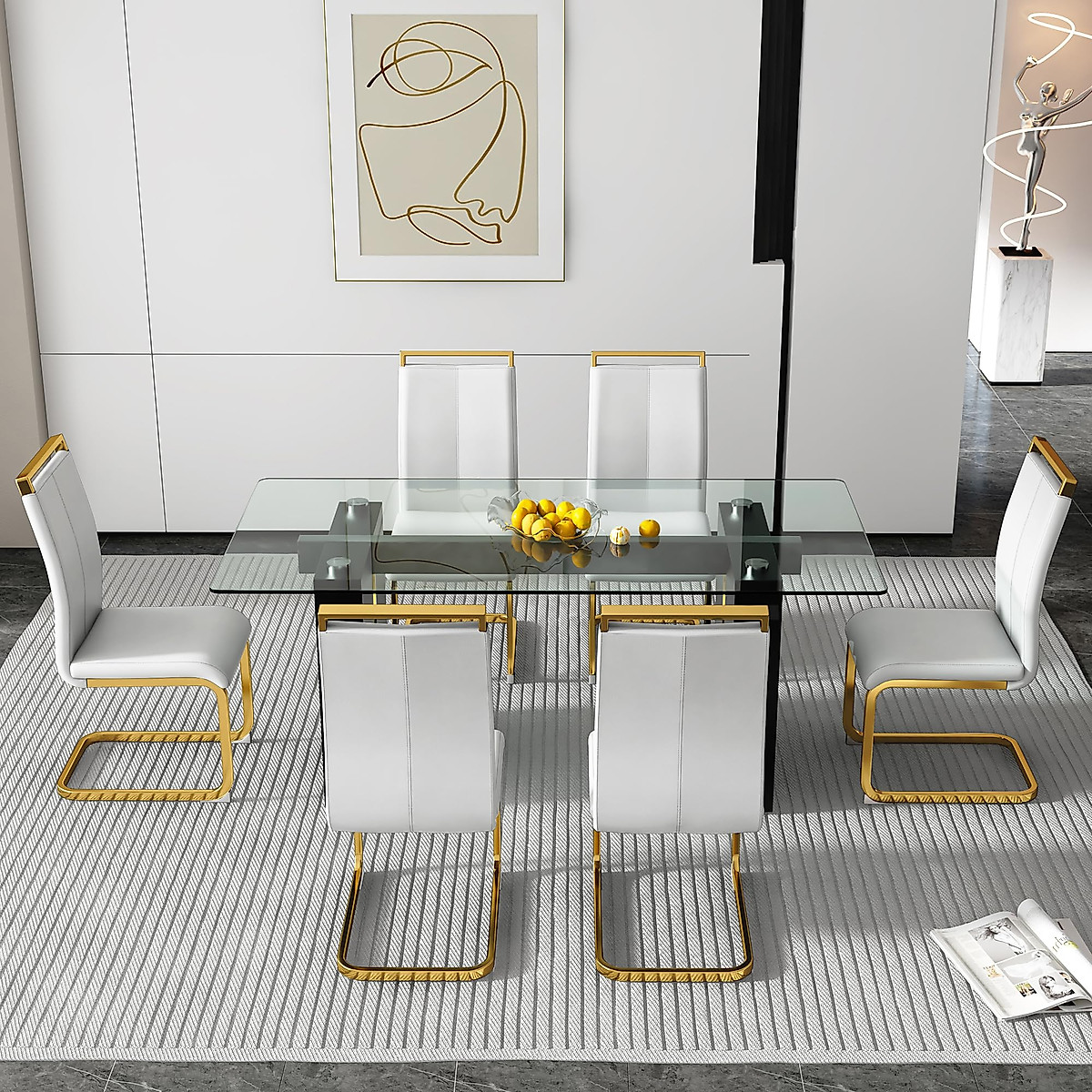 71" Large Glass Dining Table Set for 6, Modern Dining Table with 6 Leather Chairs, 0.32" Tempered Glass Tabletop and MDF Leg,for Kitchen Dining Living Meeting Room (Black Table + 4 White Chairs)