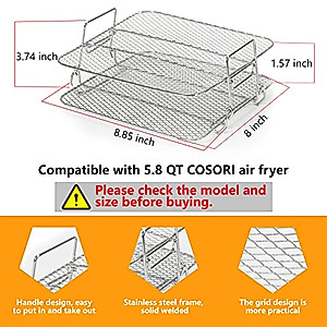 XIFEPFR Air Fryer Rack for COSORI Air Fryer 5.8Qt, 8 inch Square Double Stackable Racks, 304 Stainless Steel Multi-Layer Dehydrator Rack Air Fryer Accessories with Cooking Tongs Parchment Paper Liners