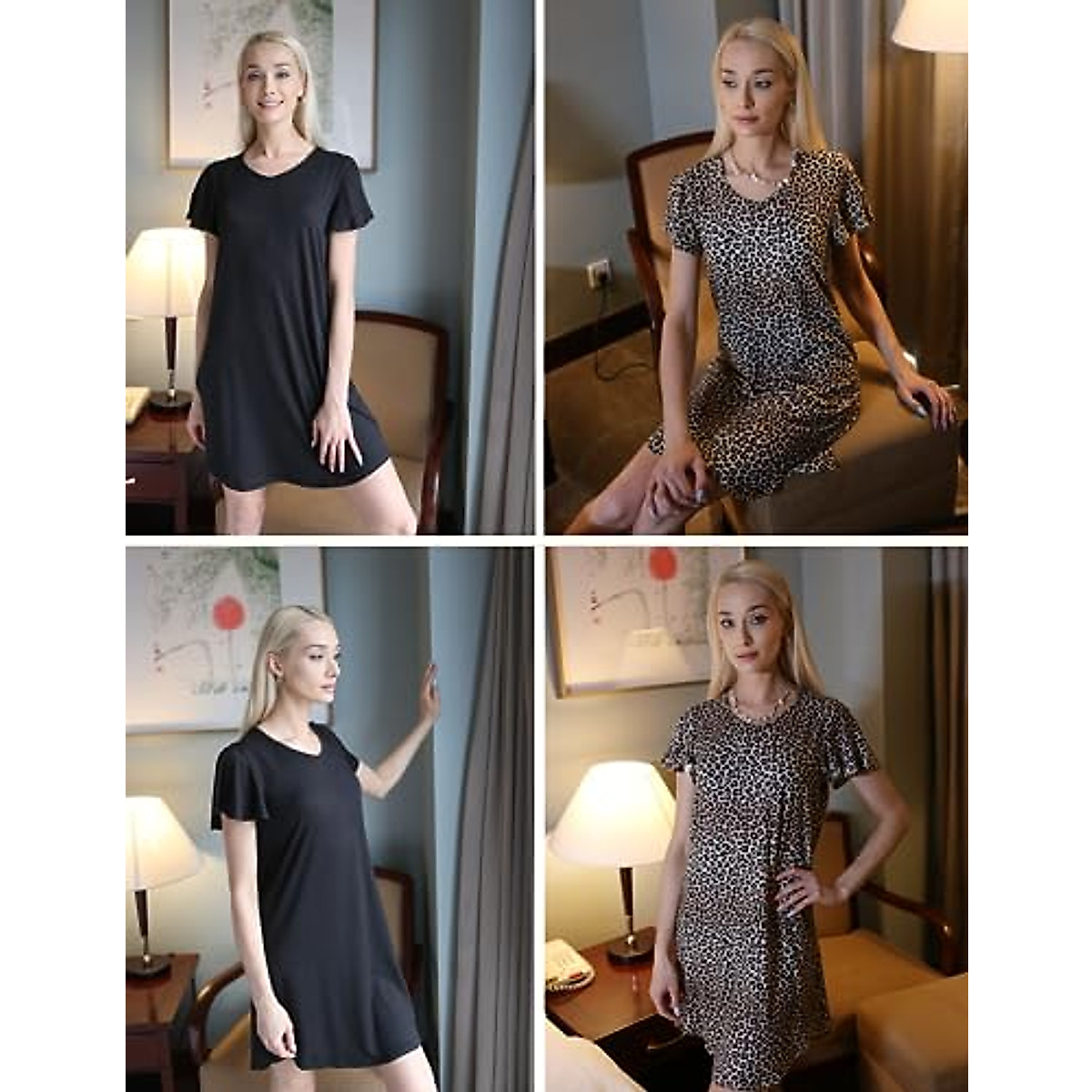 Ekouaer 2 Pack Nightgowns for Women Loose Night Shirt Comfy Sleepwear Ladies Soft Loungewear Black and Leopard XL