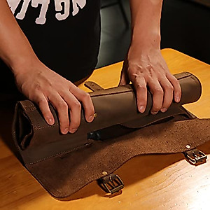 TOURBON Leather Knife Roll Bag, Kitchen Tool Holder with 5 Slot and Zipper pocket, Camping Cooking Tools Stroage Carry Case with Shoulder Strap