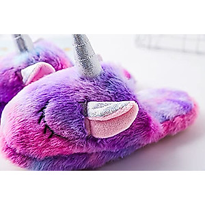 Kids Unicorn Slippers with Rubber Soles for Boys Girls Home Plush Shoes Indoor Anti Slip Cute Warm Purple X24
