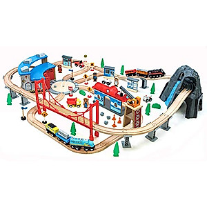 Maxim 100 pc Mountain Wooden Train Set with Roundhouse for Toddler with Double-Side Train Tracks Fits Brio, Thomas, Melissa and Doug, Kids Wood Toy Train for 3,4,5 Year Old Boys and Girls