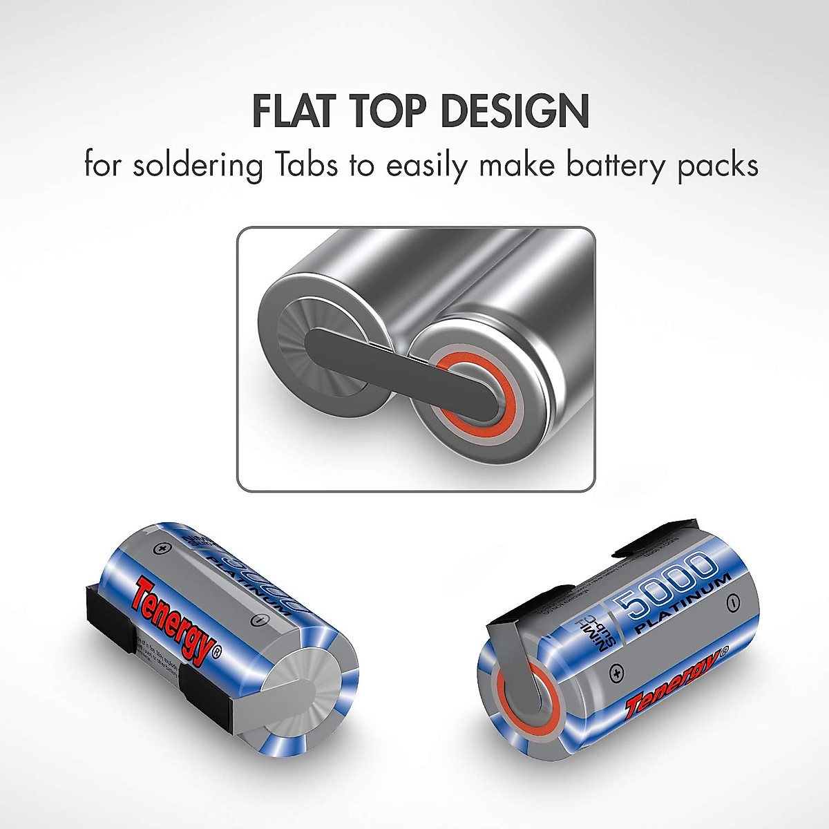Tenergy NiMH SubC 5000mAh Flat Top Rechargeable Battery (with Tabs) - 10 Pack