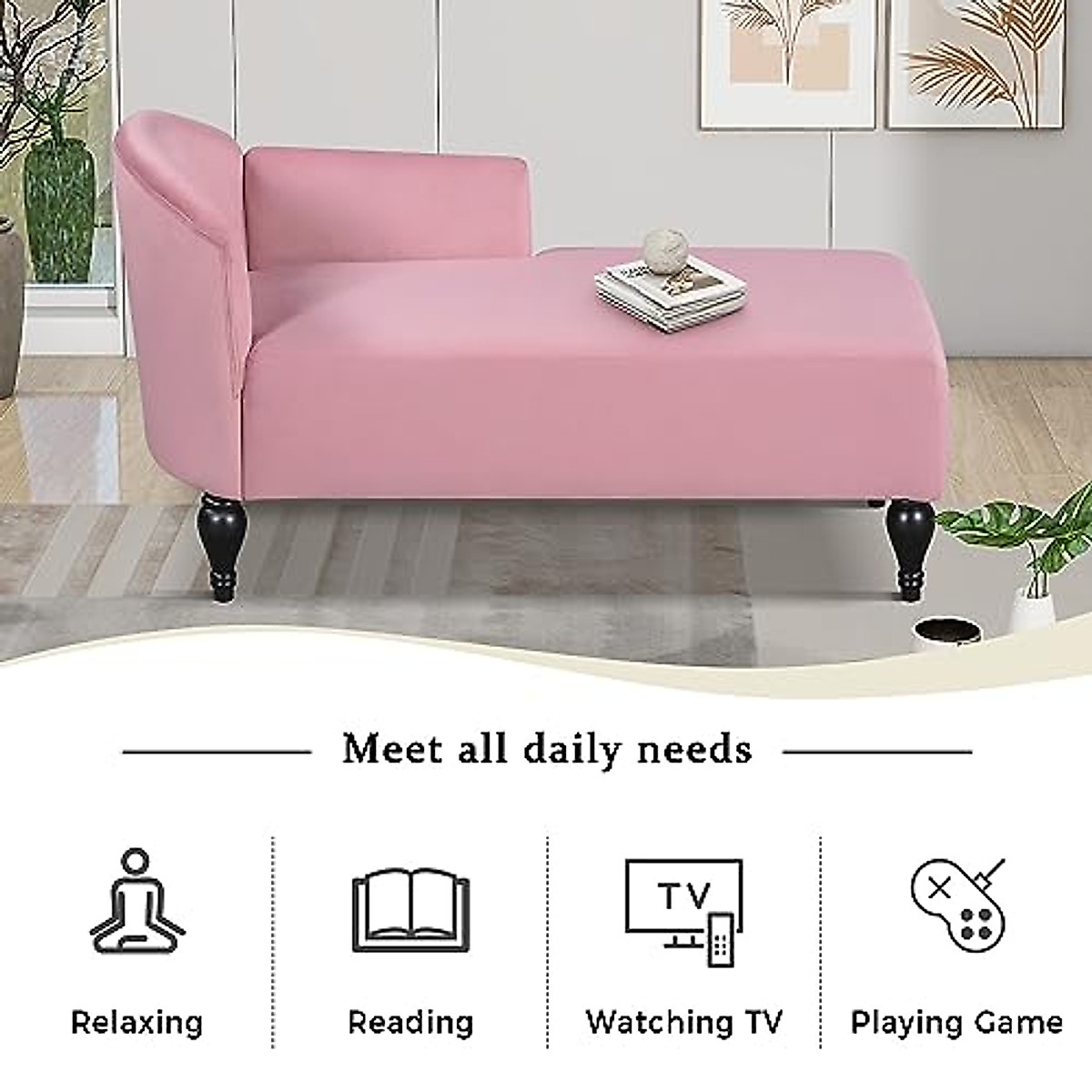 Bellemave Chaise Lounge Indoor, Velvet Upholstered Couch with Solid Wood Legs Corner Chair Arm Chase Lounge Sofa for Living Room, Office & Apartment (Pink)