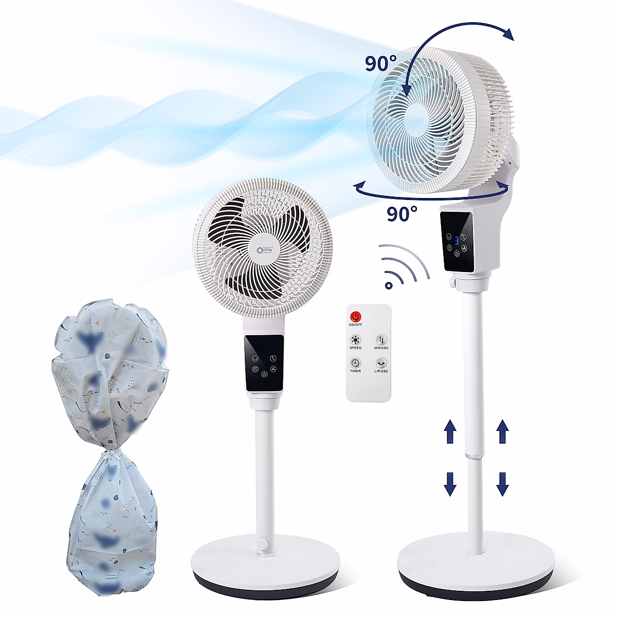 QTREE intelligence Oscillating Pedestal Fan, 360° Air Circulator Fan, 43.3inch Adjustable Height 11.8'' Standing Fan, Timer, 3 Modes, Smart Remote Control for Home, Office, Kidroom,Living Room