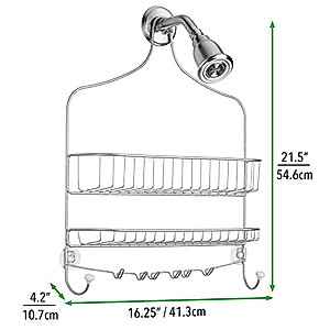 mDesign Metal Wire Tub & Shower Caddy, Hanging Storage Organizer Center with Built-In Hooks and Baskets on 2 Levels for Shampoo, Body Wash, Loofahs - Chrome