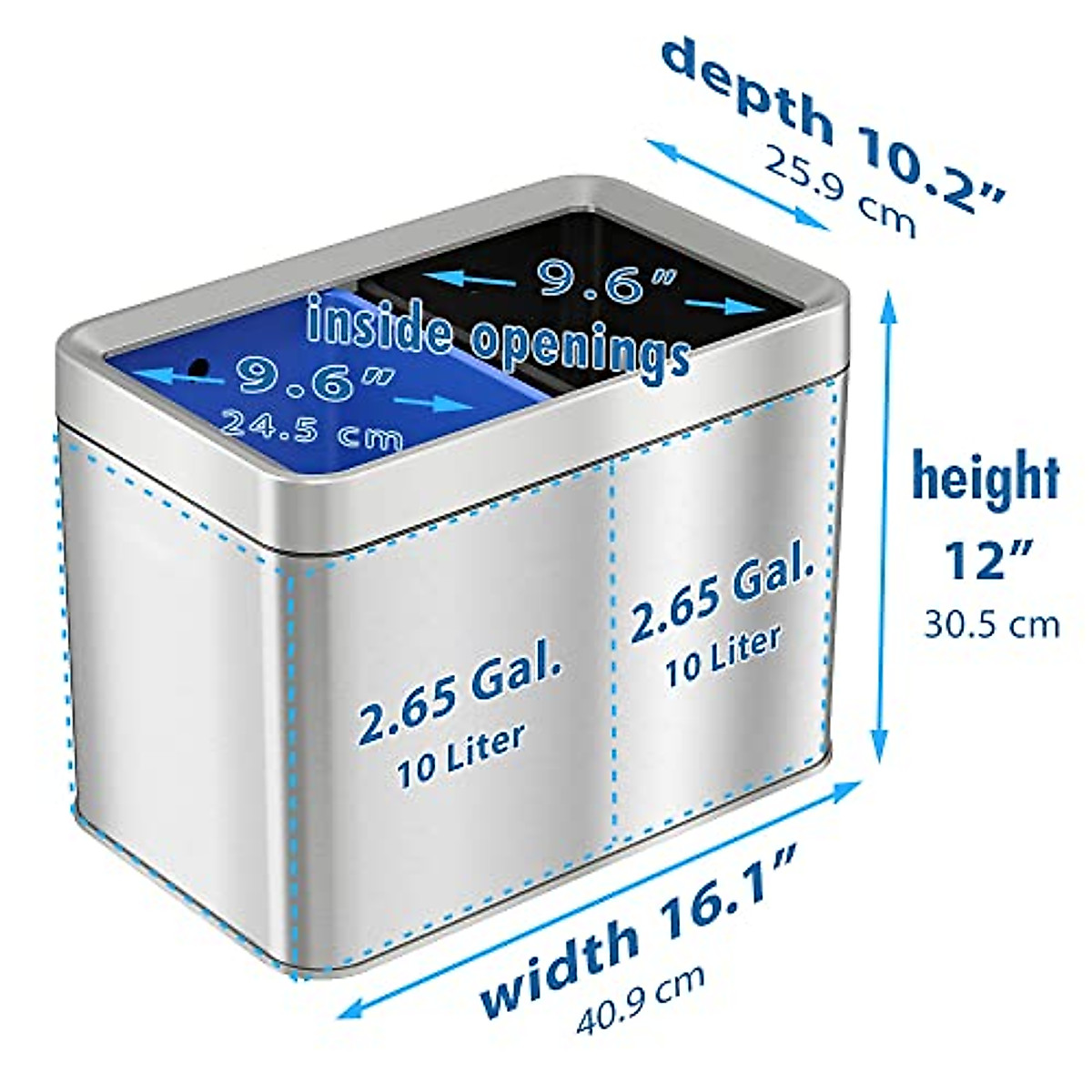 iTouchless 5.3 Gallon Open Top Trash Can & Recycle Bin Dual Compartment Combo, includes Decals, 20 Liter, Stainless Steel, Removable Buckets, For Kitchen, Office, Bedroom