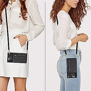 HOGGU Crossbody iPhone 14 Pro Max Case Wallet with Card Holder, Flip Leather iPhone 14 Pro Max Crossbody Case with Strap, Kickstand, Zipper Purse, Protective Square Phone Case for Women Girls-Black