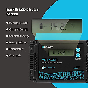 Renogy Voyager 20A 12V/24V PWM Waterproof Solar Charge Controller w/ LCD Display for AGM, Gel, Flooded and Lithium Battery, Used in RVs, Trailers, Boats, Yachts, Voyager 20A