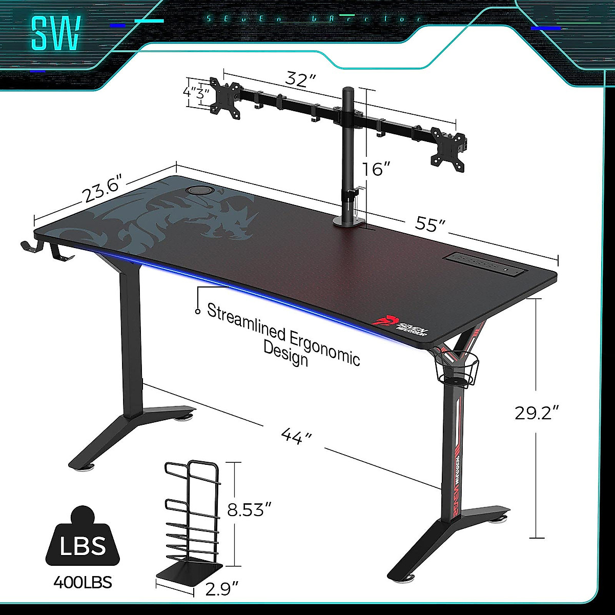 SEVEN WARRIOR Gaming Desk 55INCH with Power Outlet & Dual Monitor Mount, Carbon Fiber Surface Computer Gamer Desk with Full Desk Mouse Pad, Ergonomic Y Shaped Gamer Table with Outlet Organizer