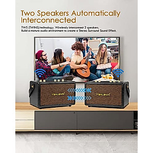 TANLANIN Vintage Bluetooth Speakers Rechargeable Portable Wireless Retro Style Leather Speakers 8H Long Playtime Bluetooth 5.0 Heavy Bass Music Player, TWS/USB/TF Slot/Remote Control/UHF Wireless Mic