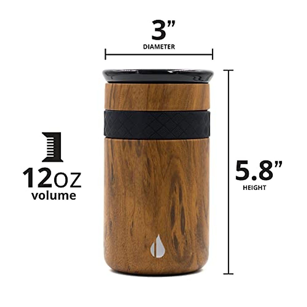 Elemental Artisan Insulated Tumbler, Triple Wall Coffee Travel Mug, Reusable Stainless Steel Coffee Tumbler with Ceramic Lid, Thermal Coffee Cups for Hot (6 Hrs) & Cold (18 Hrs), 12oz - Teak Wood