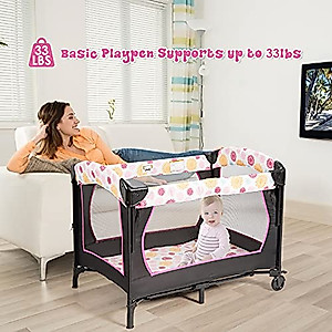 HONEY JOY Pack and Play, 4 in 1 Baby Bedside Sleeper w/Diaper Changing Table & Storage Bag, Toy Rack & Music Box, Portable Baby Playard with Bassinet, Carry Bag for Newborn to Toddlers (Rose)