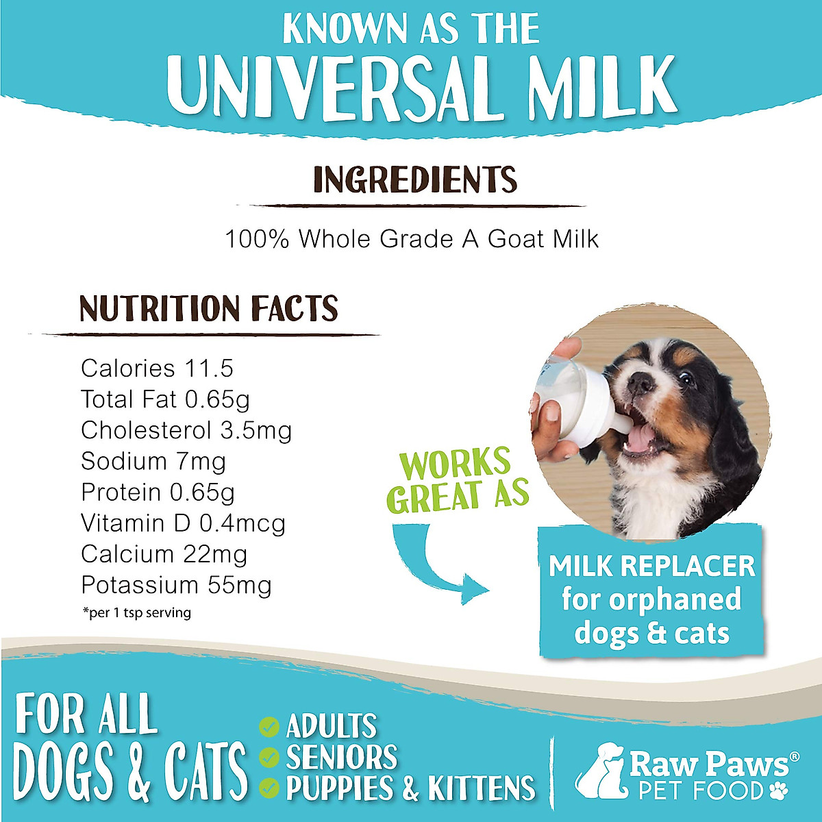 Raw Paws Whole Powdered Goat Milk for Dogs and Cats, 7-oz - Goats Milk for Dogs Made in USA - Natural Kitten & Puppy Milk Replacement Formula, Dry Pet Goat Milk Food Topper, Pet Nutritional Supplement