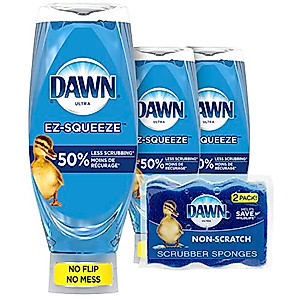 Dawn Dish Soap EZ-Squeeze Dishwashing Liquid + Non-Scratch Sponges for Dishes, Original Scent, Includes 3x22oz Bottles + 2 Sponges