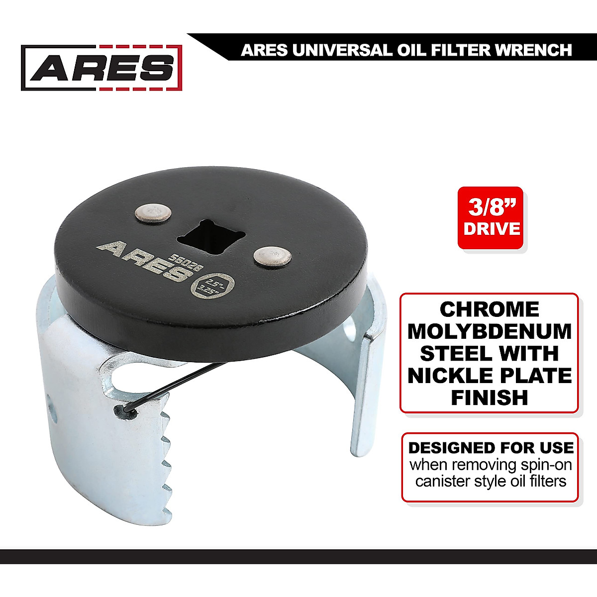 ARES 56028 - Universal Oil Filter Wrench - 3/8-Inch Drive - Removes 2.5 to 3.25-inch Diameter Spin-On Style Oil Filters
