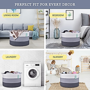 BOSROTY Extra Large Blanket Basket 87L, Laundry Hamper, Baby Nursery Hamper, Large Laundry Basket For Girls Boys, Cotton Rope Basket, Clothes Basket Laundry, 22”x 14”, White & Gray