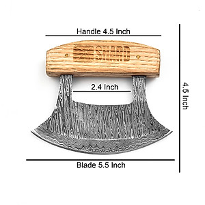 Handmade Damascus Steel Blade Ulu Knife,Chef Ulu Knife, Multi-Purpose Damascus Knives for Chopping, Skinning,Pizza Cutting, Rockers Knife, Traditional Kitchen Fixed Blade Knife with Leather Sheath