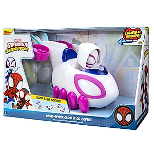 Marvel Spidey and His Amazing Friends - Ghost-Spider Glow N’ Go Copter Feature Vehicle, 8-Inch - Lights Show Effect, Sounds, Built-in Super Hero, Manual Propellers