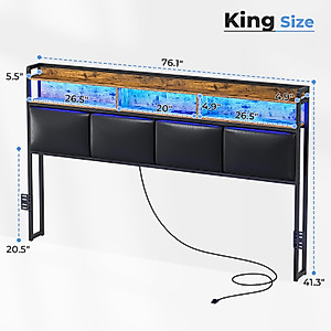 MSmask Upholstered King Headboard with Charging Station and LED Light, Black PU Tufted King Size Headboard Only with 2 Tiers Storage Shelves, Height Adjustable Bed Headboard, Rustic Brown