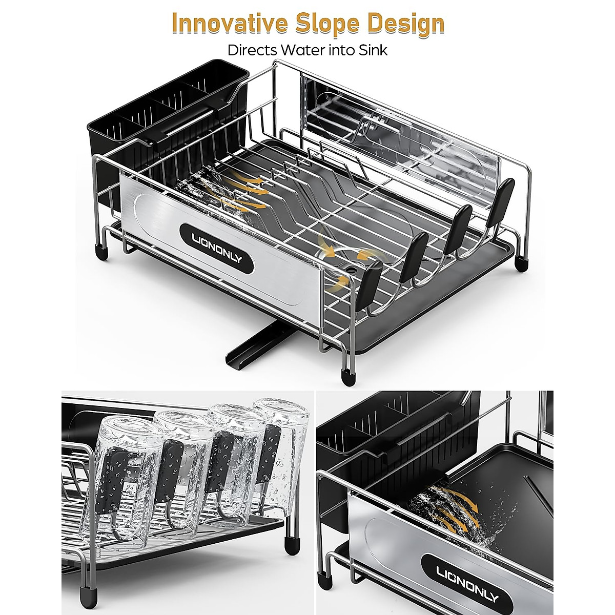LIONONLY Dish Drying Rack, Dish Racks for Kitchen Counter, 304 Stainless Steel Dish Drainer Drainboard Set with Smart Drainage, 360° Adjustable Spout, Utensil Holder and Cup Holder,Black